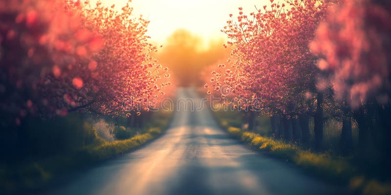 Sunset Path through Blossoming Trees Peaceful Nature Scenery Stock ...