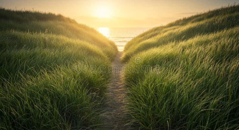 Sunset Path through Coastal Grass Dunes Stock Illustration ...