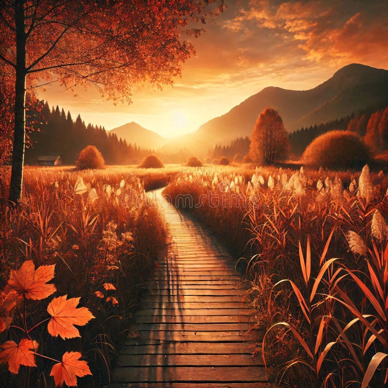 Sunset Path through Field Generative for AI Stock Illustration ...