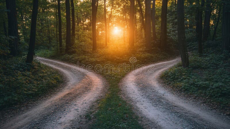 Sunset Path: a Fork in the Road through a Golden Forest Stock ...