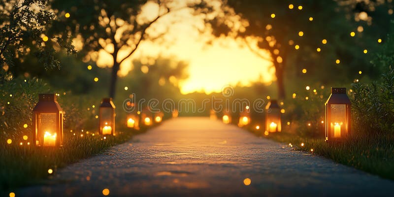 Sunset Path Lantern Lights stock illustration. Illustration of warm ...
