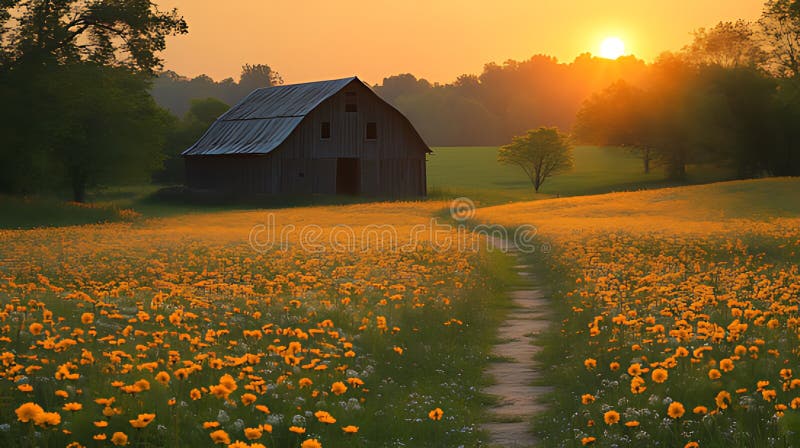 Sunset Path Leads To Rustic Barn in a Field of Wildflowers Stock Illustration - Illustration of ...