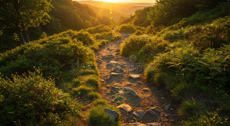 Sunset Path through Lush Green Valley Stock Illustration - Illustration ...