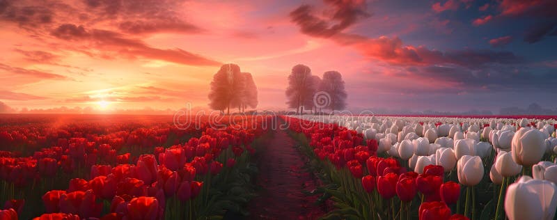 Sunset Path through Red & White Tulip Fields Stock Illustration ...