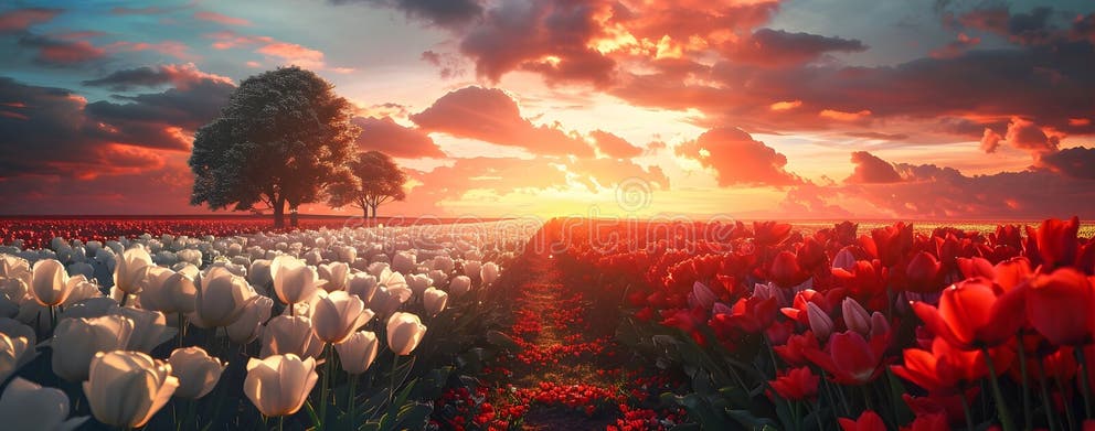Sunset Path through Red and White Tulip Fields Stock Illustration ...