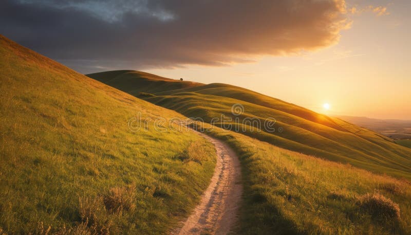 Sunset Path through Rolling Hills Stock Image - Image of sunset ...