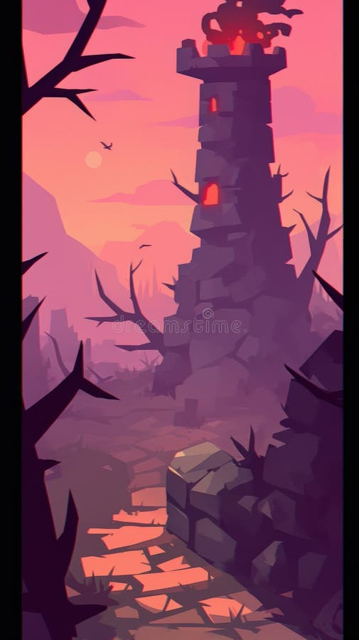 Sunset Path to Stone Tower stock illustration. Illustration of desolate ...
