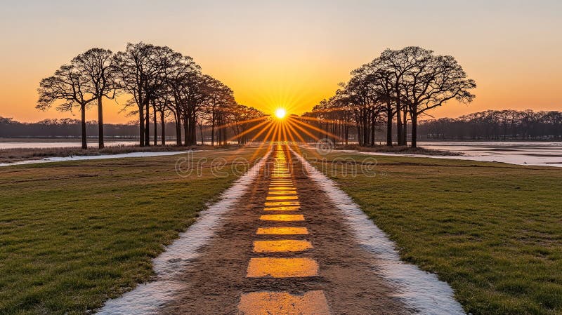 Sunset Path, Trees, Winter Landscape, Sunrise Beams, Nature Stock Image ...