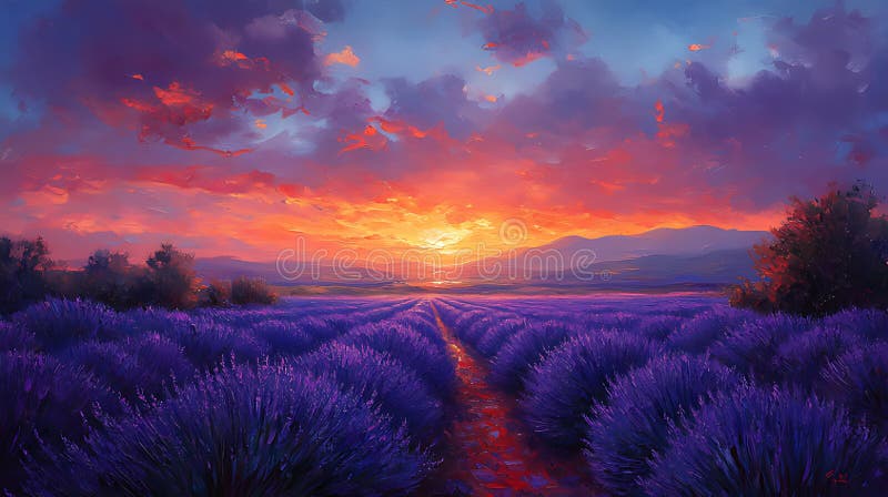 Sunset Path through Vibrant Lavender Field, Provence Stock Illustration ...