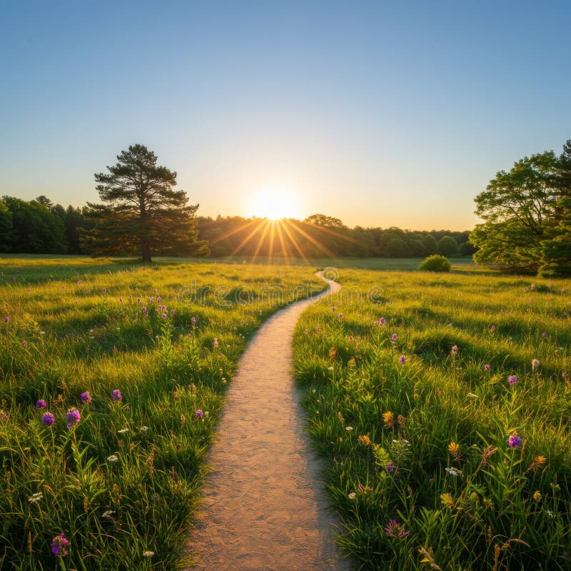 Sunset Path through a Wildflower Meadow Stock Illustration - Illustration of meadow, grass ...