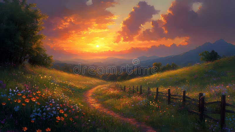 Sunset Path, Wildflowers, Mountain Valley, Idyllic Scene, Travel Stock ...