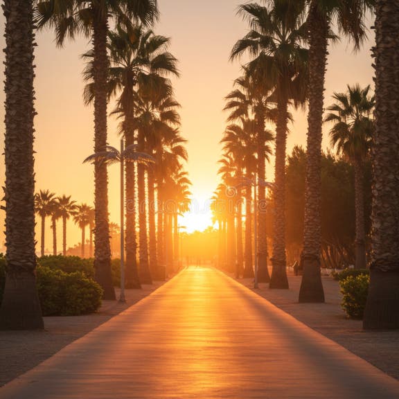 Sunset Pathway through Palm Trees Stock Illustration - Illustration of ...