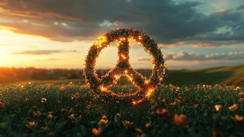 Sunset Peace Symbol Made of Flowers in a Field Stock Illustration ...