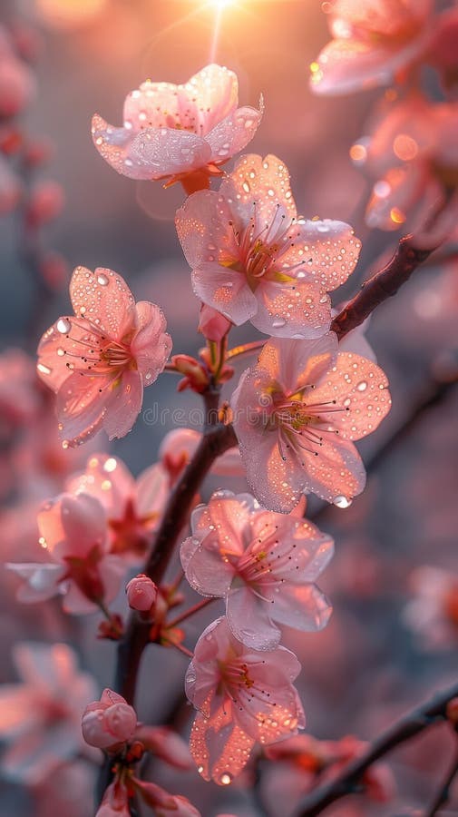 Sunset, Peach Blossoms Blooming on the Branches, with Sunlight Shining ...
