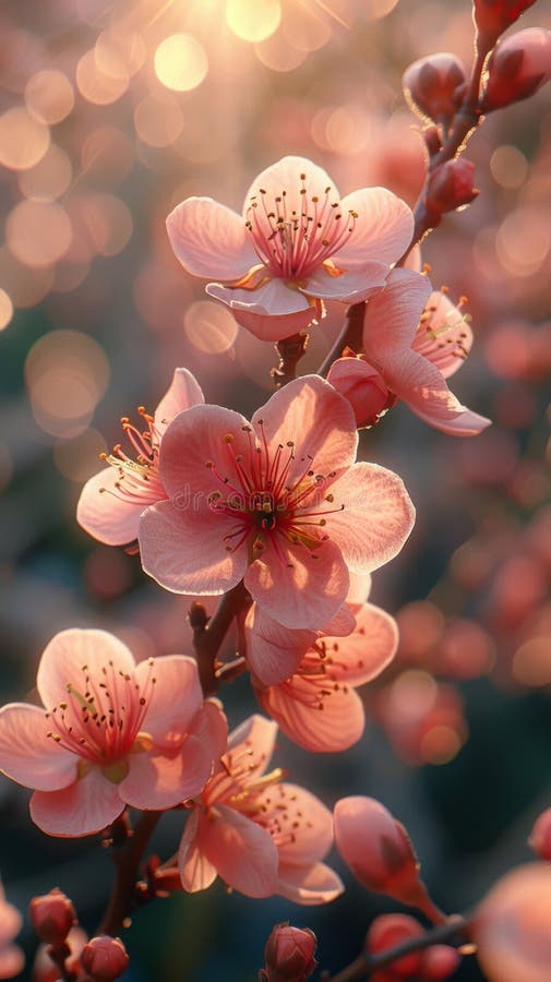 Sunset, Peach Blossoms Blooming on the Branches, with Sunlight Shining ...