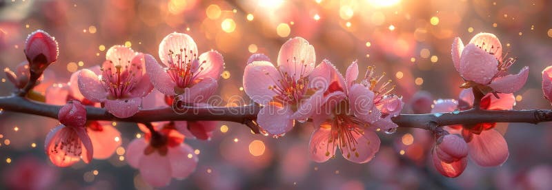 Sunset, Peach Blossoms Blooming on the Branches, with Sunlight Shining ...