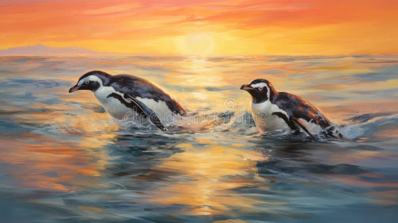 Sunset Penguins: a Captivating Motion Blur Panorama Painting Stock ...