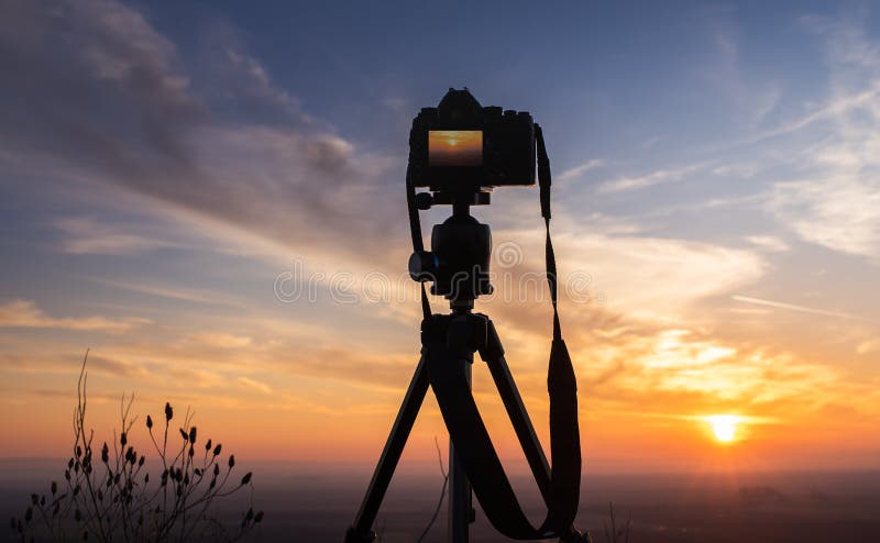 Sunset Photography. Camera with Tripod Sunset Stock Image - Image of ...