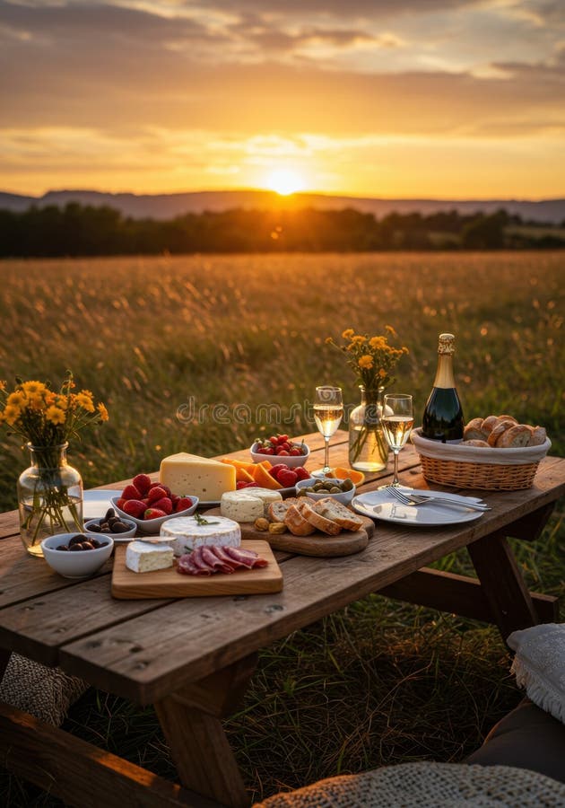 Sunset Picnic with Cheese and Wine in a Field Stock Illustration ...
