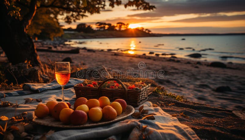 Sunset Picnic Fresh Fruit, Wine, Relaxation in Nature Embrace Generated ...