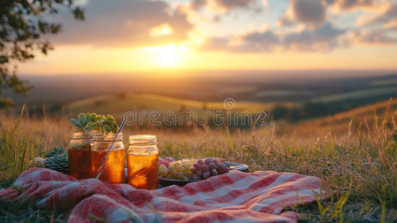 Sunset Picnic with Iced Tea and Fruit Stock Illustration - Illustration ...
