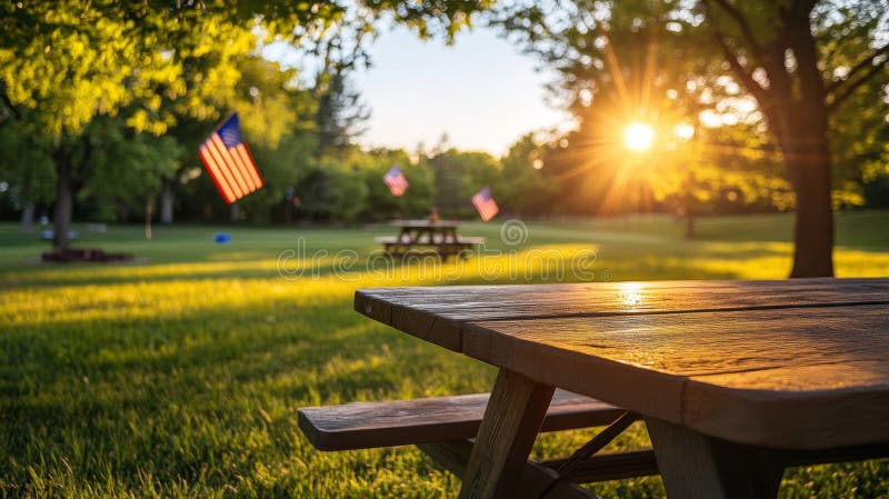 Sunset Picnic Table with American Flags in Park Stock Illustration ...