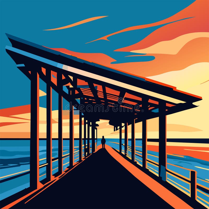 Sunset at the Pier. in a Flat Style. AI Generated Stock Illustration ...