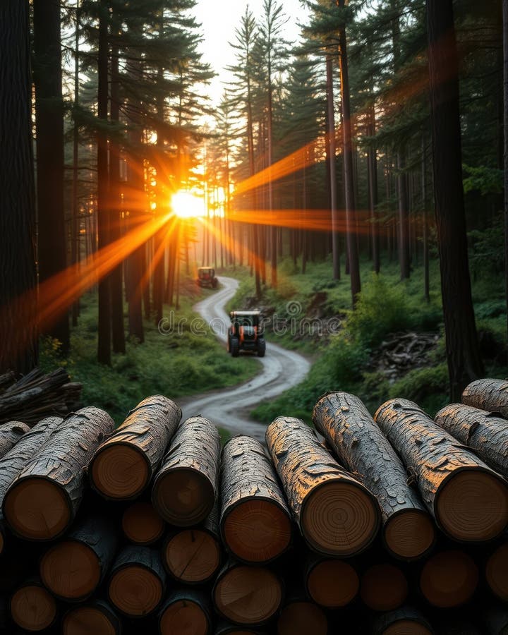 Sunset in a Pine Forest with Logging Tractor and Stack of Logs Stock ...