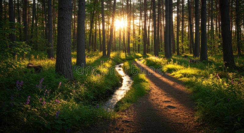 Sunset in a Pine Forest with a Path and Stream Stock Illustration ...