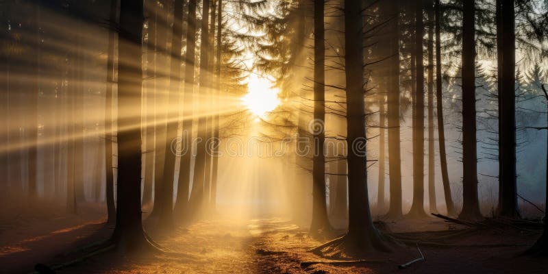 Sunset in a Pine Forest with Rays of Light Passing through the Trees ...