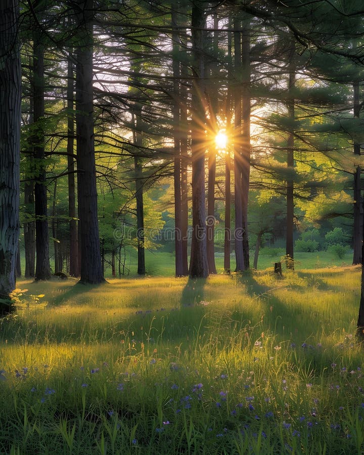 Sunset through Pine Trees Forest Clearing Stock Illustration ...