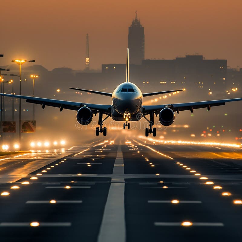 At Sunset, a Plane Takes Flight from the Runway, Rising into the ...