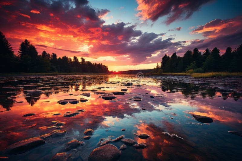 Sunset in the Pond. Beautiful Illustration Picture Stock Image - Image ...