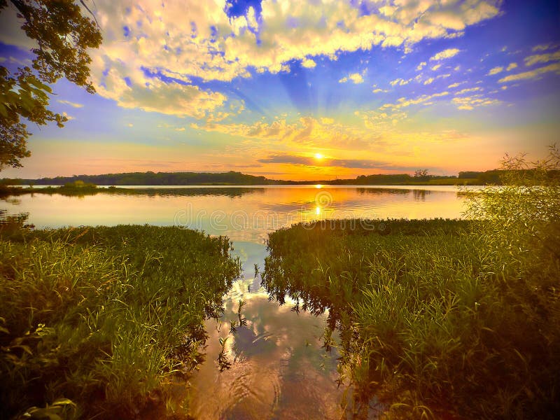 Sunset at Pony Express Lake with Windmills, Missouri Stock Image ...