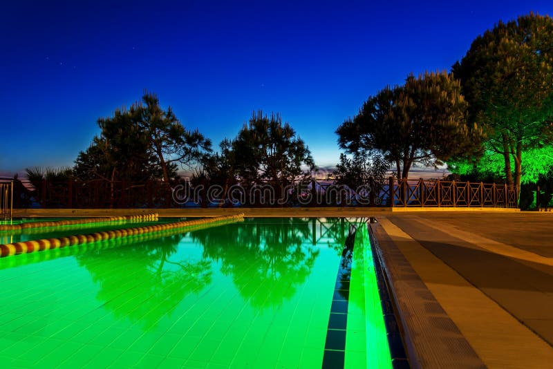 Sunset at Pool Area with Trees Stock Image - Image of holiday, resort ...