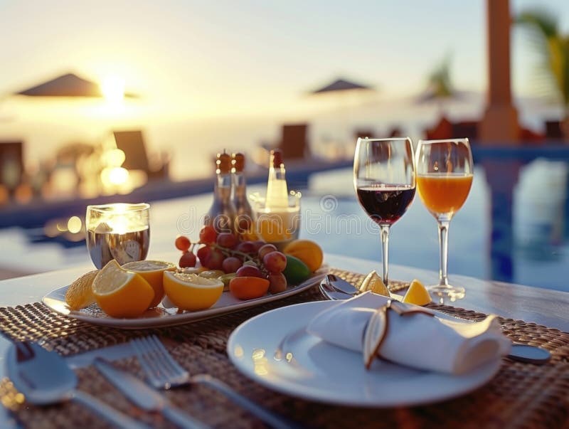 Sunset Poolside Dining with Wine and Fresh Fruit Stock Image - Image of ...