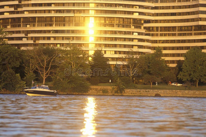 Sunset on the Potomac River and Watergate Building, Washington, DC ...