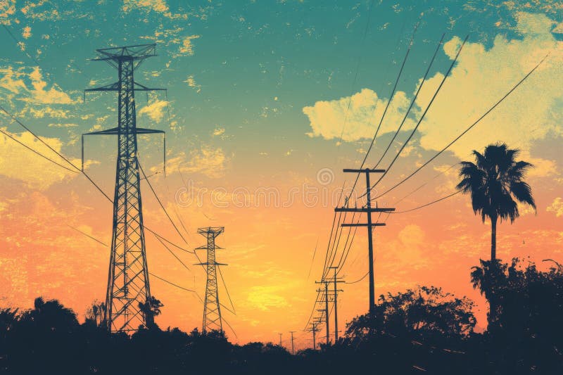 Sunset Power Lines Silhouette Stock Illustration - Illustration of ...