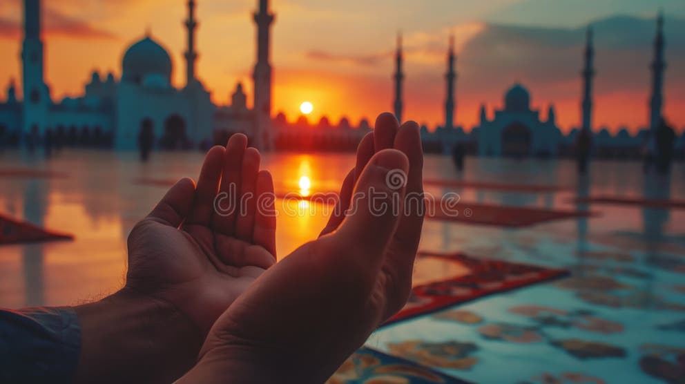 Sunset Prayer Session at a Mosque with Hands Raised in Devotion Stock Image - Image of ...