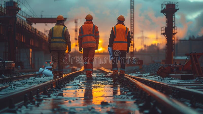 Sunset Railway Construction Workers - Generative AI Stock Photo - Image ...