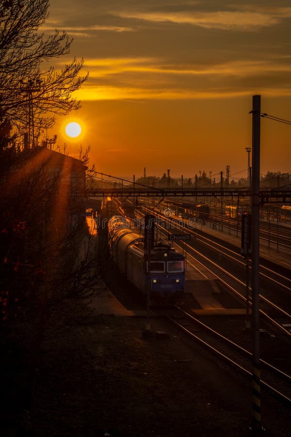 Sunset with Railway Track and Railroad Switch Trains in Chocen CZ 11 08 ...