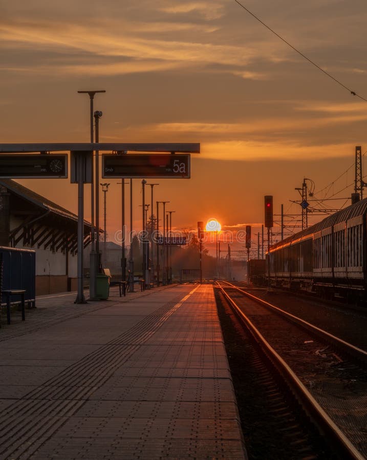 Sunset with Railway Track and Railroad Switch Trains in Chocen CZ 11 08 ...