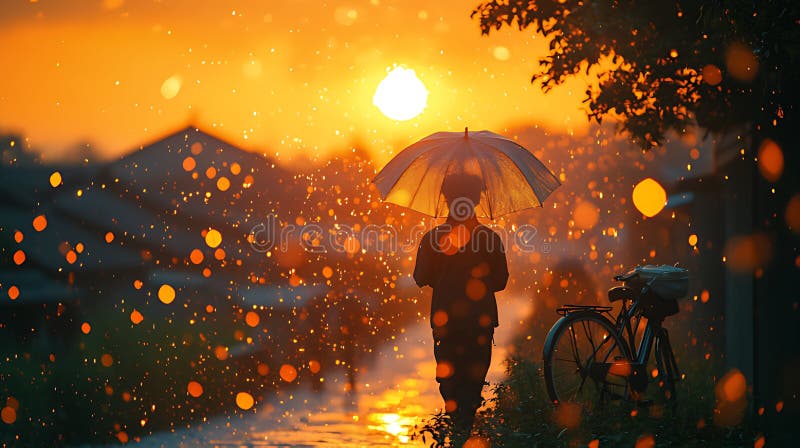 Sunset Rain, Village Path, Umbrella Walker, Bokeh, Bicycle Stock Illustration - Illustration of ...