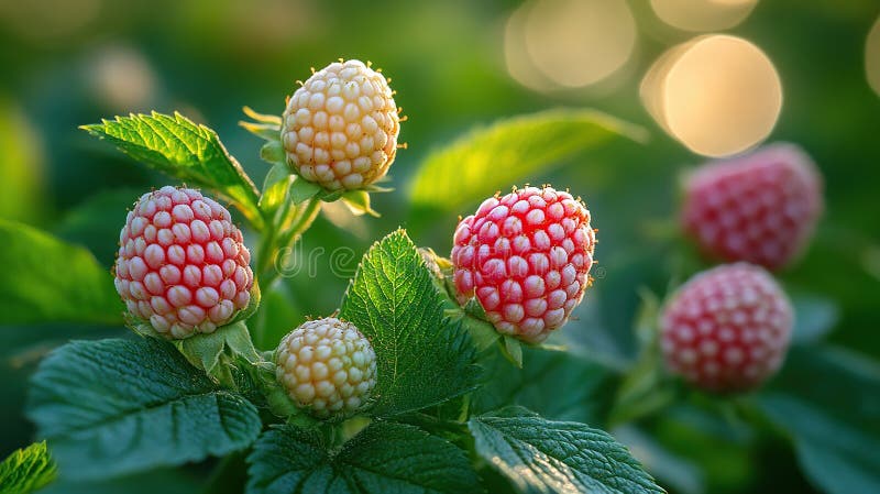 Sunset Raspberries on Vines, Garden Setting Stock Illustration ...