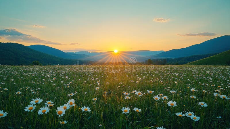 Sunset Rays Illuminate Daisy Field, Mountain Backdrop Stock Illustration - Illustration of ...