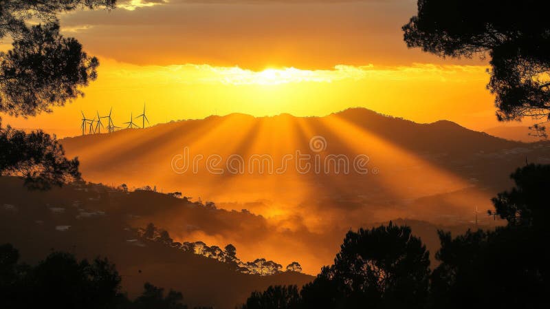 Sunset Rays Over a Mountain Range with Wind Turbines Stock Illustration ...