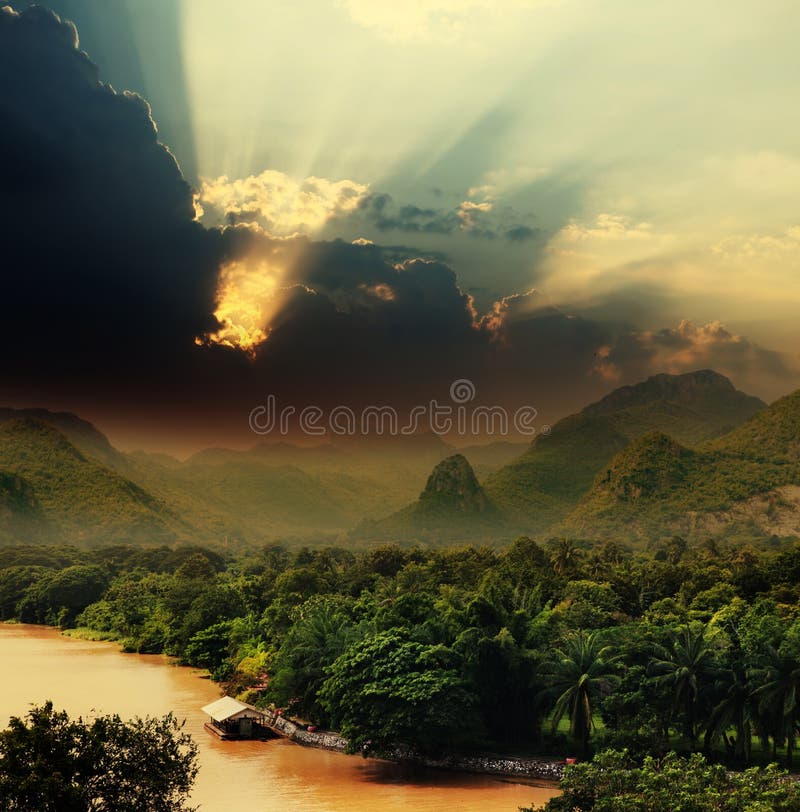 Sunset with Rays Over River Stock Image - Image of quay, beam: 69504355