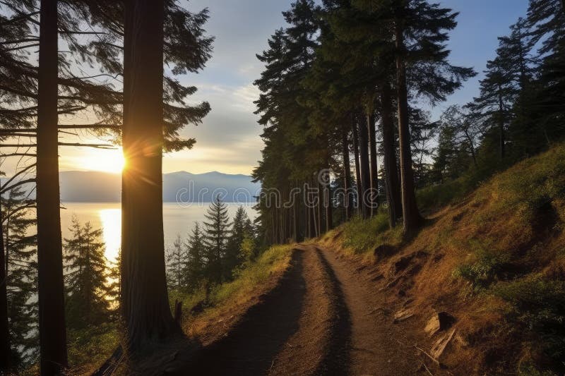 Sunset Rays Piercing through a Forest Path Overlooking a Lake Stock ...