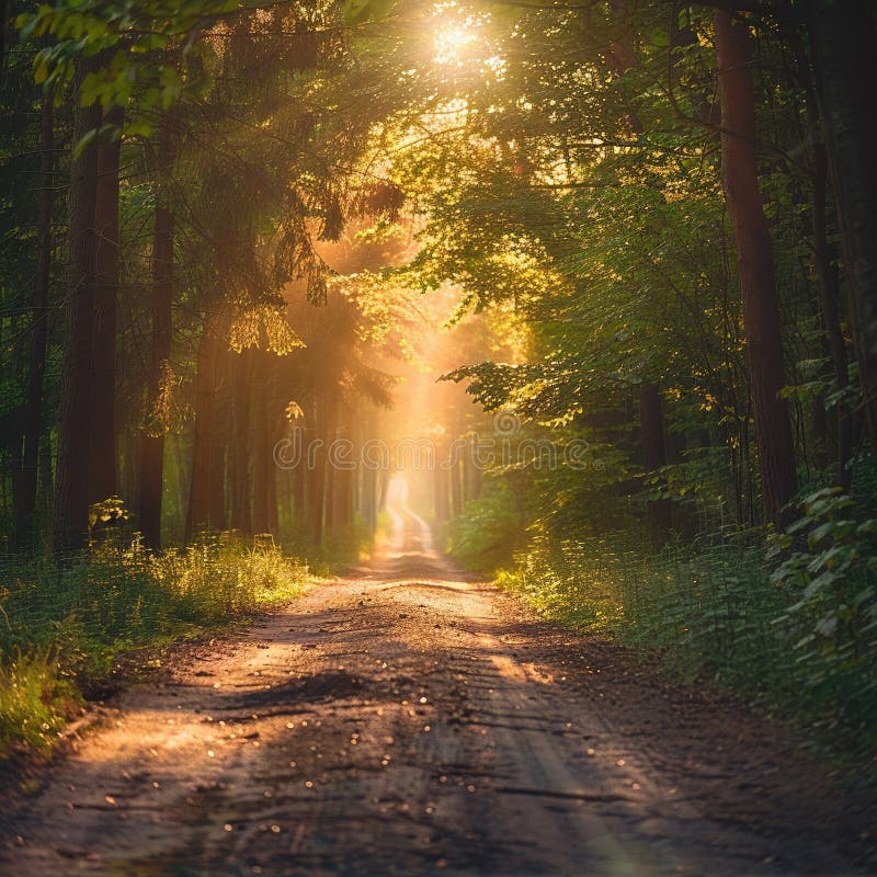 Sunset Rays Piercing through Trees, Quiet Forest Road, Soft Summer ...