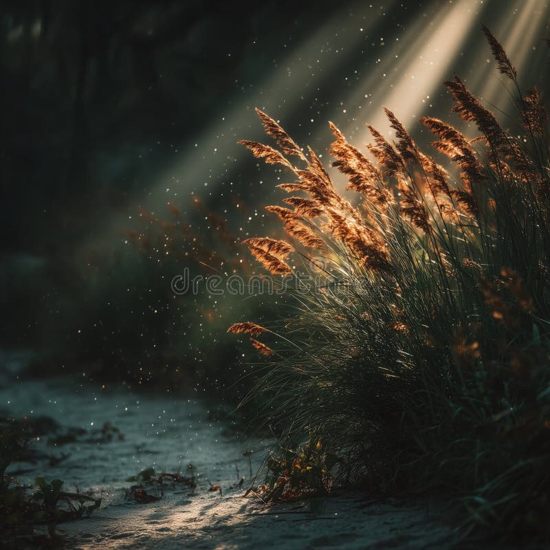 Sunset Rays Shining on Tall Beach Grass and Sand Stock Photo - Image of ...